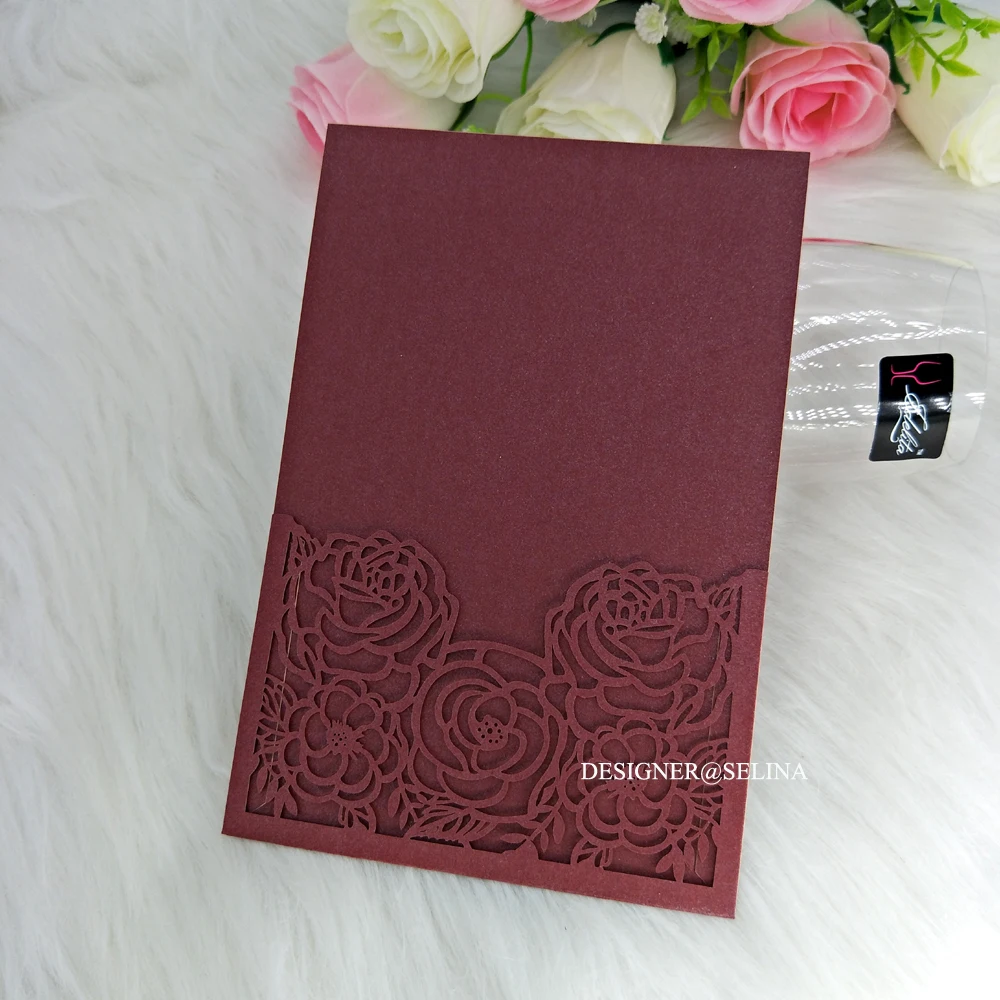 Elegant Laser Cut Burgundy Invitations for Quinceanera Birthday Sweet ...