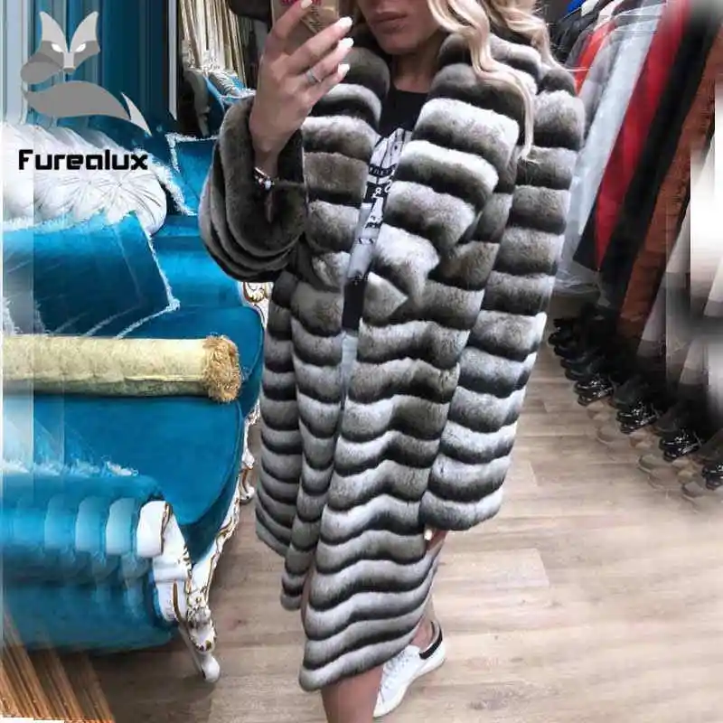 Top Grade Real Chinchilla Rex Rabbit Fur Women's Overcoat Full Sleeve ...