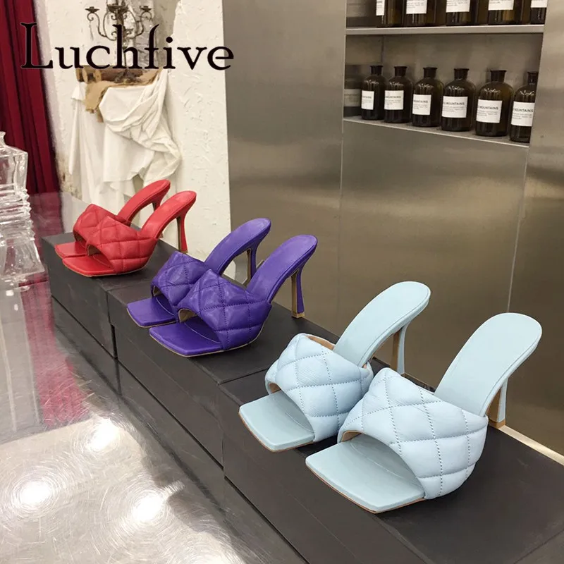 Square open toe Thin high heels leather Slippers woman Padded bread ...