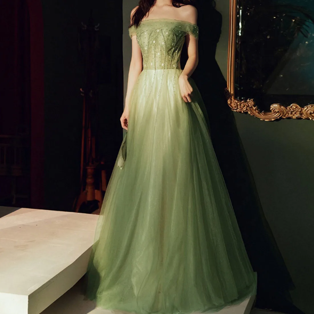 Girl-Light-Green-Prom-Dress-off-Shoulder-Evening-Dress-Beading-Banquet ...