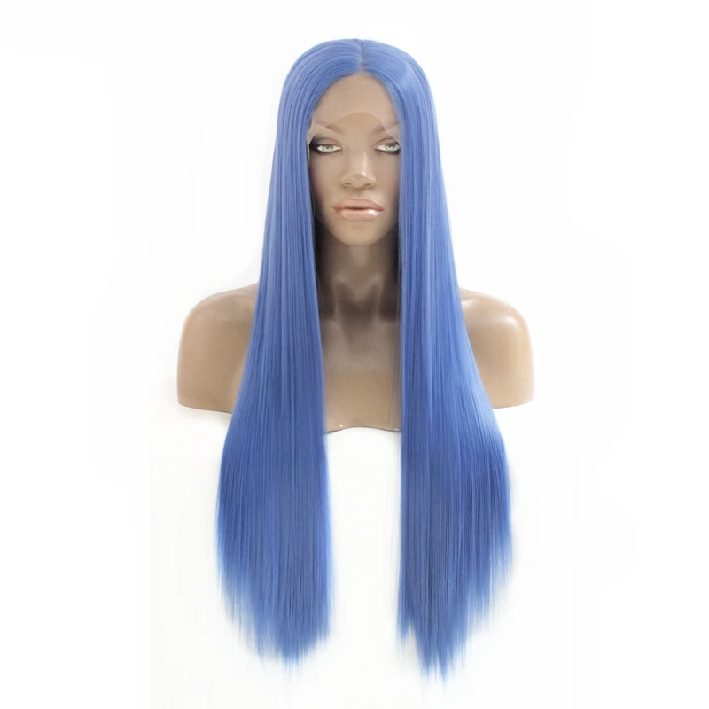 Peluca sedosa azul recto resistente al calor atada a mano maquillaje ...