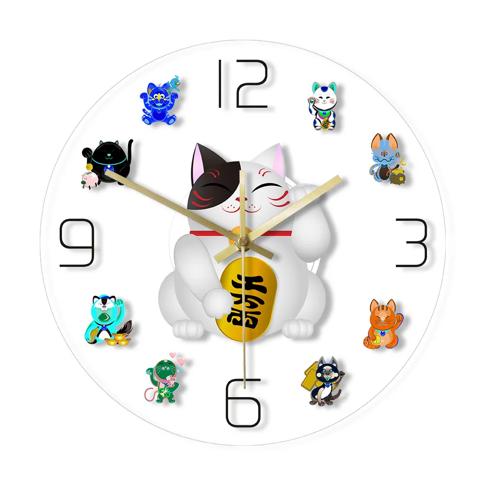 Maneki Neko Fortune Cat Cartoon Wall Clock Japanese Beckoning Cat Quiet ...