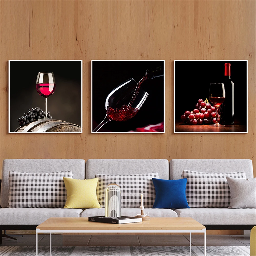 Pintura de vino tinto de 3 paneles, decoración de pared de cocina para ...
