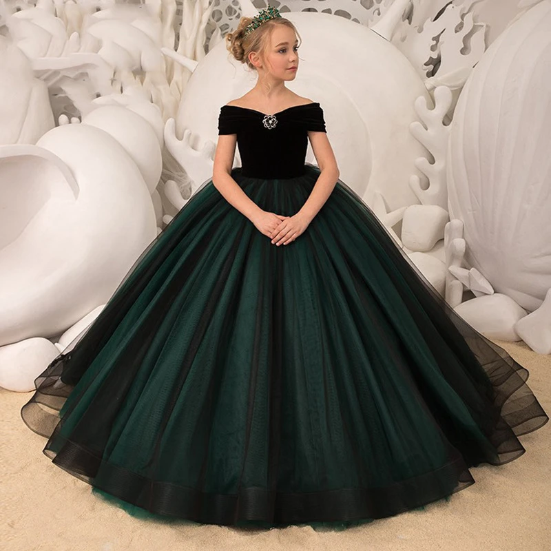 Kids Dresses Girl Elegant Long Prom Green Tulle Gowns 2023 New Children ...