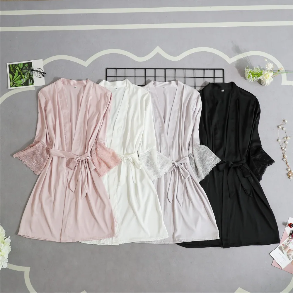 Women Silk Satin Short Night Robe Solid Kimono Robe Sexy Lace Trim ...