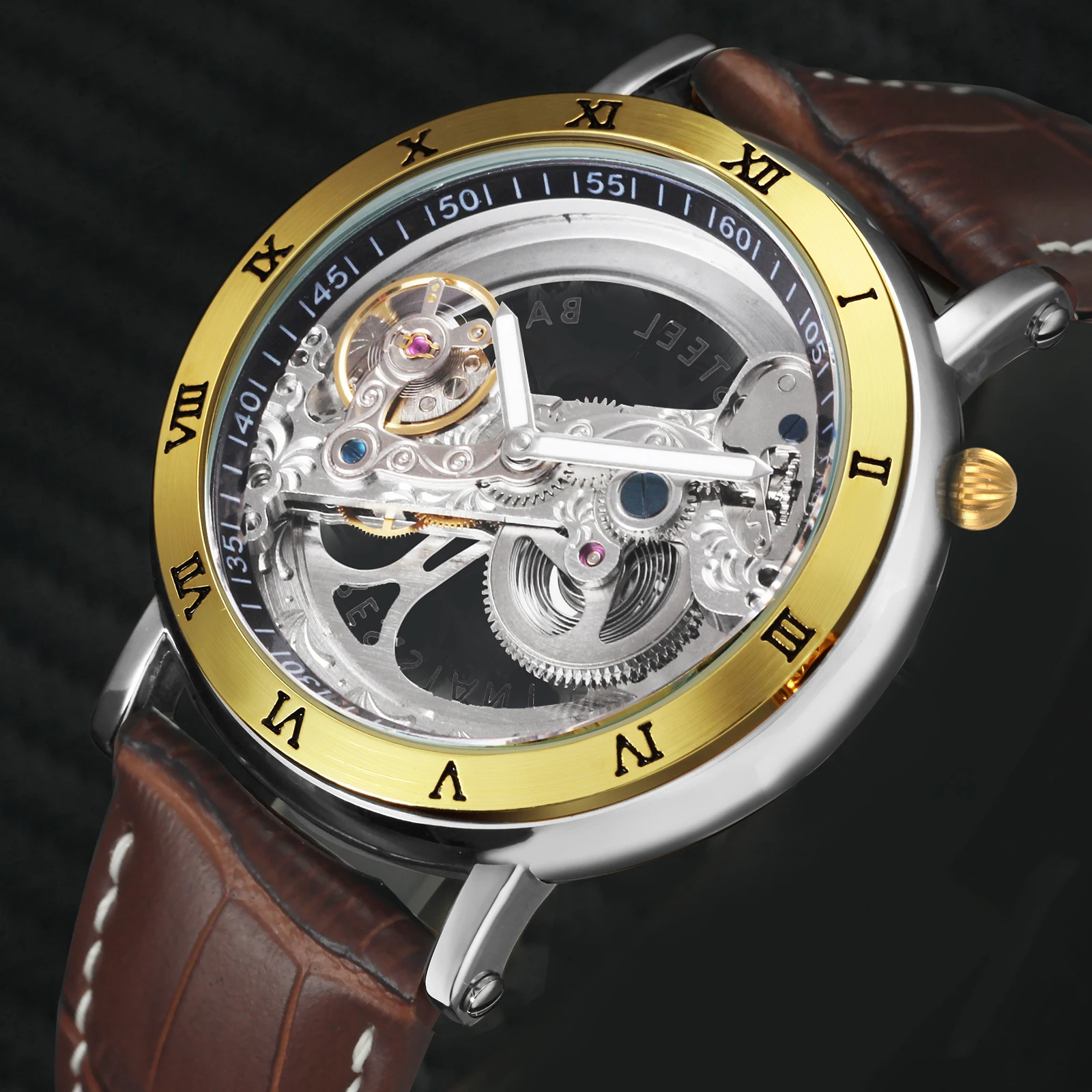 WINNER Official Top Brand Luxury Golden Bridge Watch Men Japan Carved ...