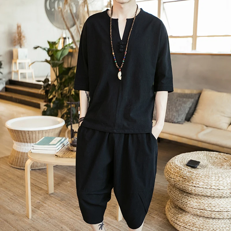 남성용 얇은 리넨 세트 중국 스타일 루즈 라지 사이즈 코튼 리넨 반팔 중간 길이 바지 Fs99 2 개세트 여름