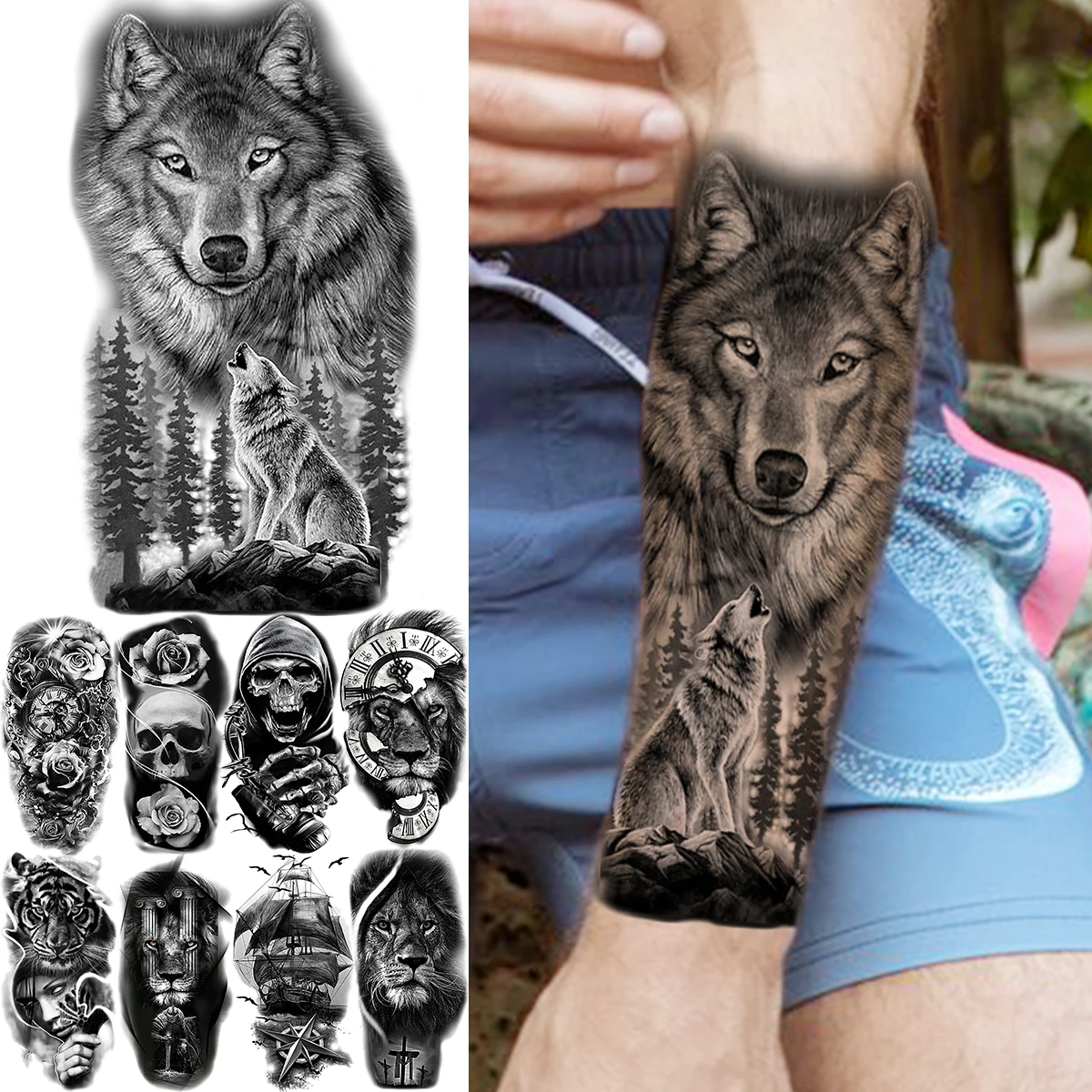 Realistic-Wolf-Forest-Temporary-Tattoos-For-Men-Adult-Pirate-Ship-Lion ...