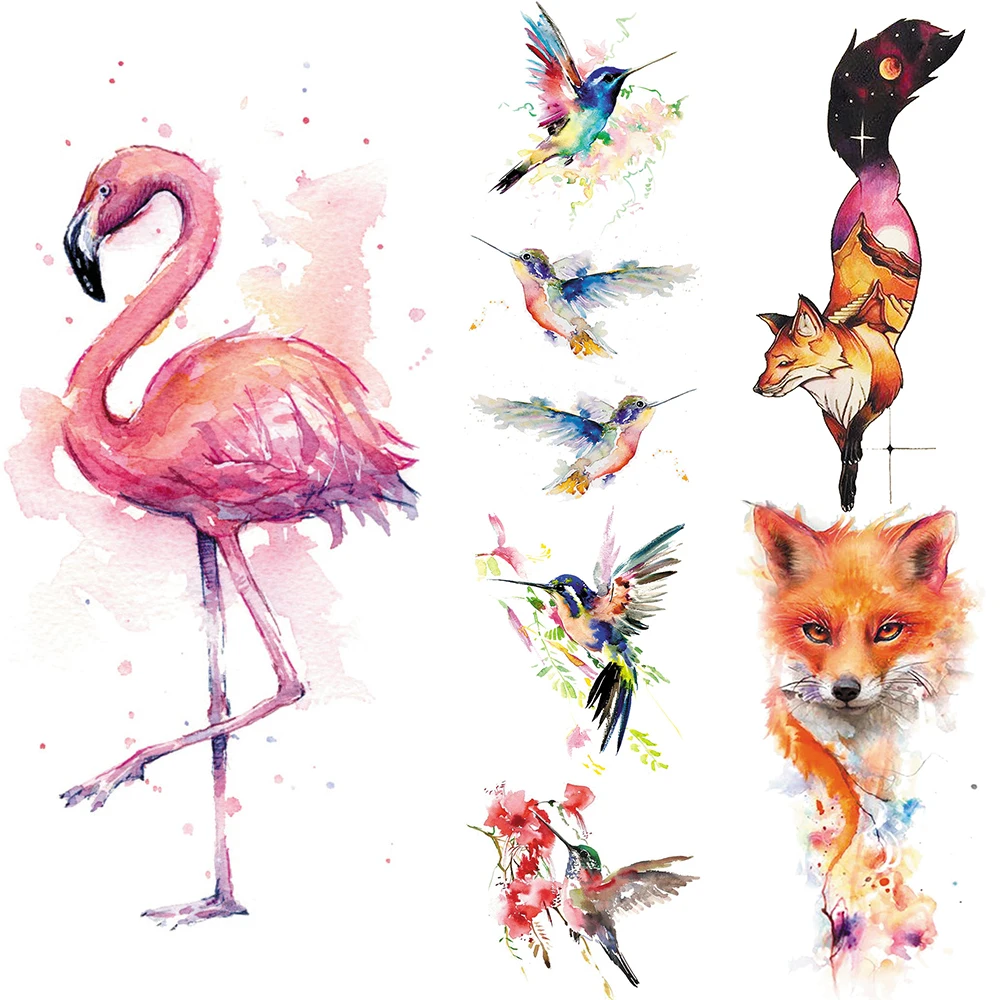 Flamingo Fox Temporary Tattoos For Kids Hummingbird Watercolour Tattoo ...