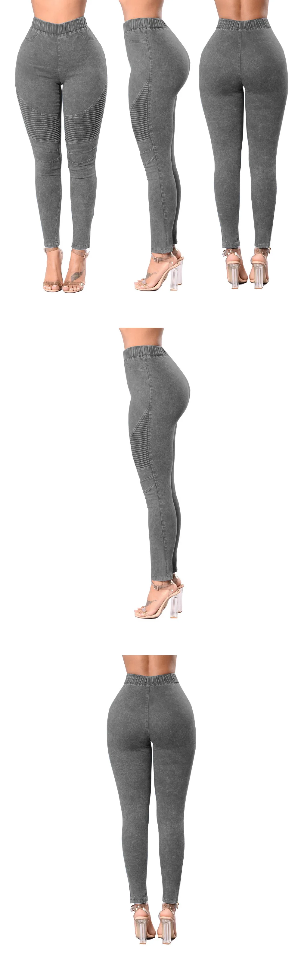 Women Solid Wrinkled High Waist Hip Pants Elastic Waist Skinny Jeans ...