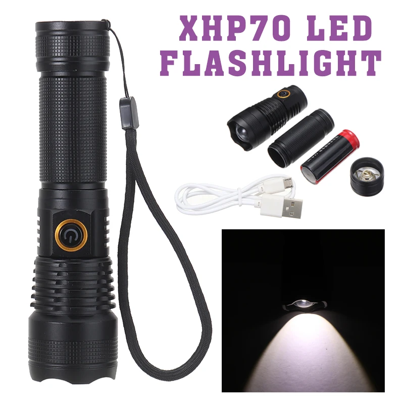 Linterna LED potente USB XHP70, Zoom telescópico, para trabajar caza ...