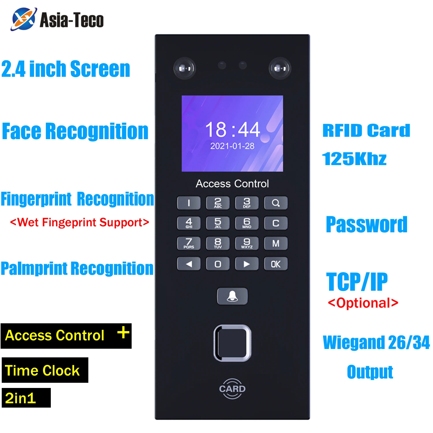 2.4 inch Facial Access Control Time Attendance IR Face Recognition ...