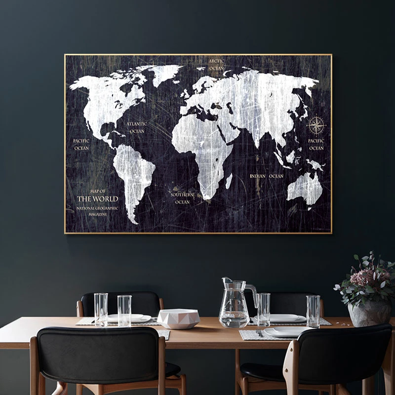 Mapa del mundo Vintage, pintura en lienzo, impresión escandinava ...