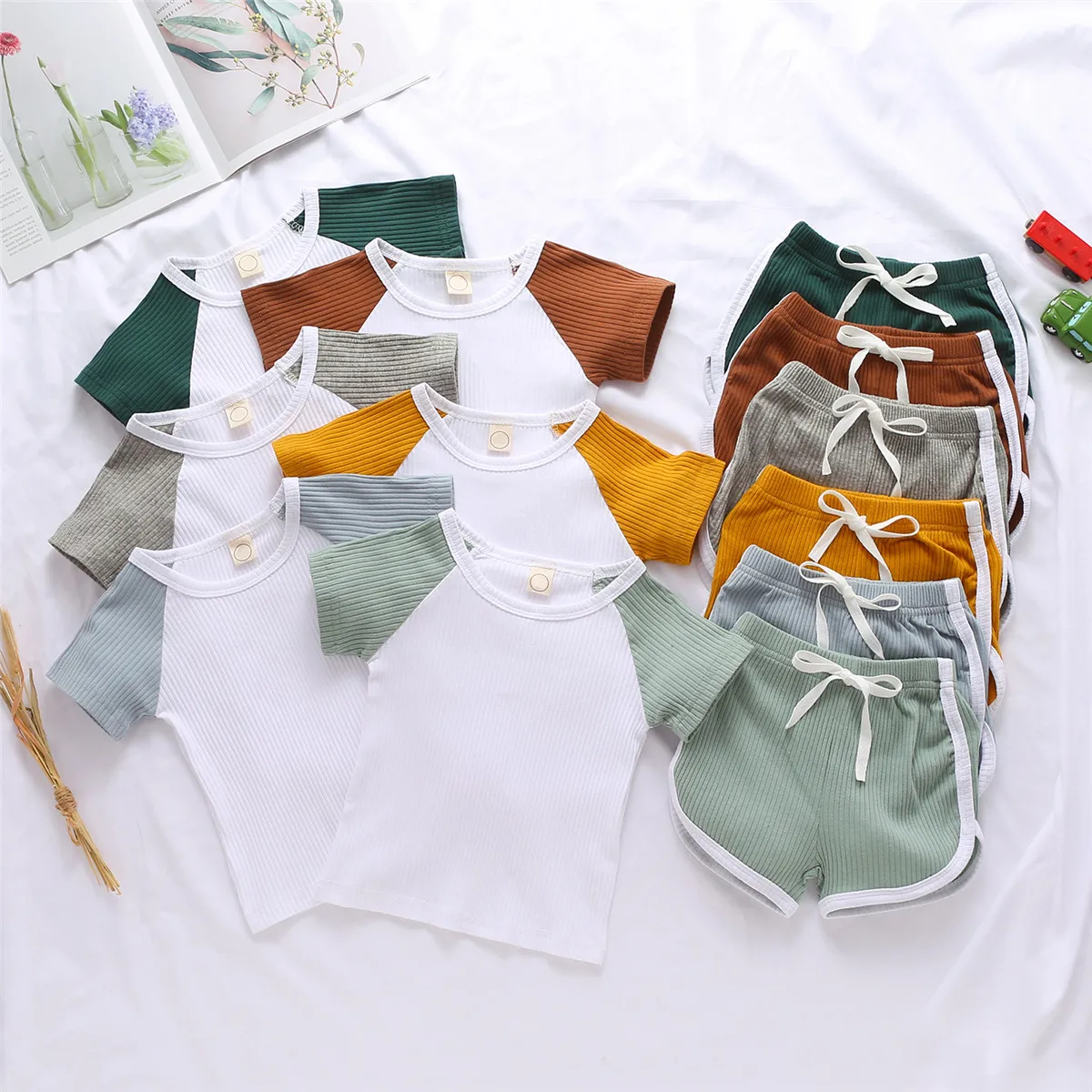 Kids Baby 2 piece Outfit Set Short Sleeve Color Block Shirt Ribbed Top ...