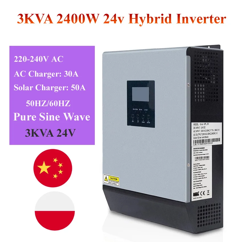 3kva 2400w 24v 220v Hybrid Solar Inverter Pure Sine Wave With 50a Solar