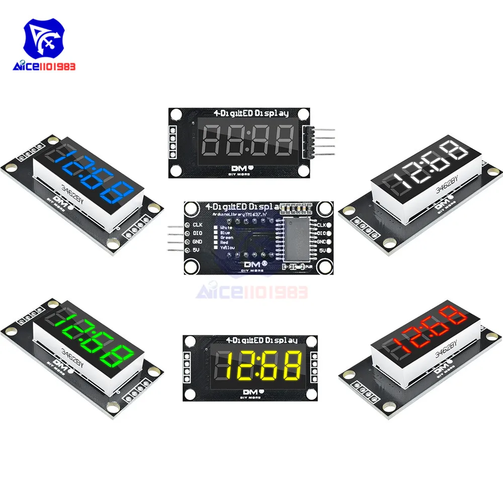 TM1637 0.36" 4 Bit Digital Tube LED Display 7 Segments Clock Module Red Green Blue Yellow White ...