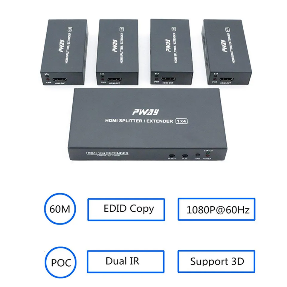 Pway 60m 1080p 1x4 Hdmi Over Ip Extender/hdmi Splitter Over Ethernet ...