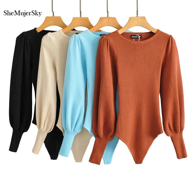 SheMujerSky-Women-Knitted-Solid-Color-Bodysuits-Puff-Sleeve-Elastic ...