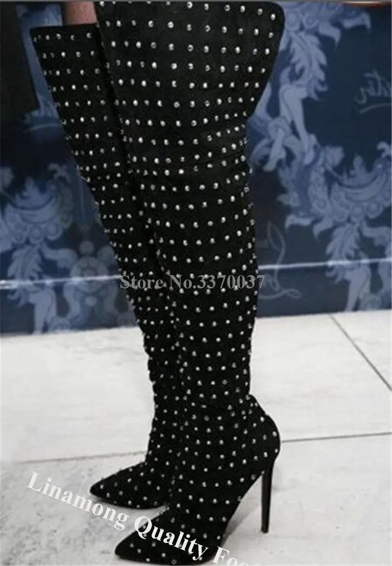 Linamong Women Sexy Pointed Toe Over Knee Stiletto Heel Rivet Boots ...