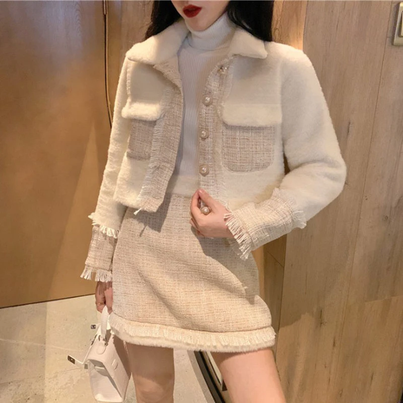 Winter 2 Piece Set Women 2021 New Outfits Tweed Splicing Short Jacket ...