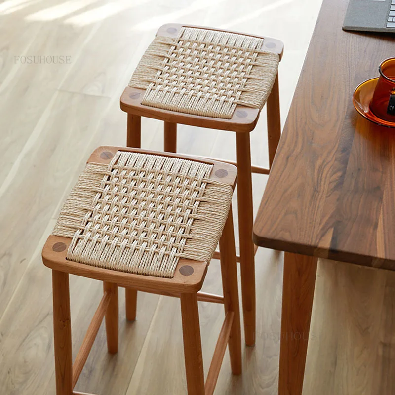 Japanese-Style-Rattan-Bar-Stools-for-Bar-Furniture-Solid-Wood-Bar-Stool ...