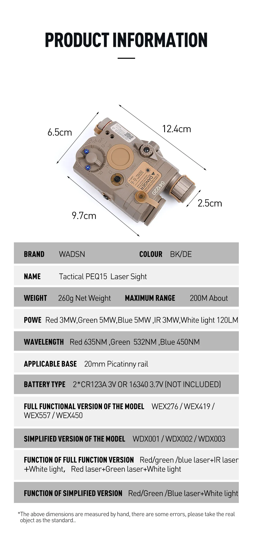 WADSN Tactical PEQ15 LA5C IR Laser Sight Blue Green Red Dot - LaserSE