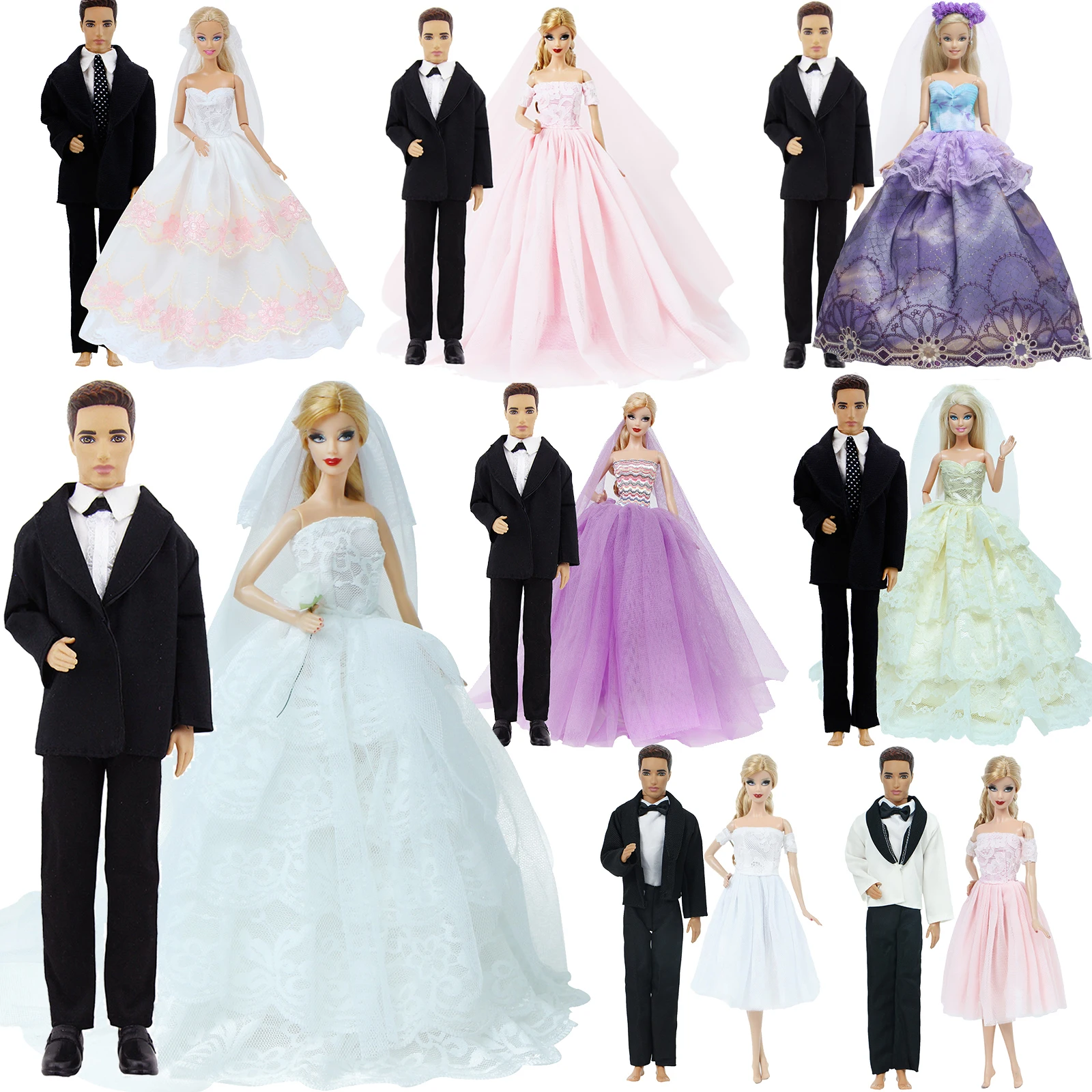 2 Set Outfits Men's Suit Tuxedo + Wedding Dress Layered Ball Gown ...