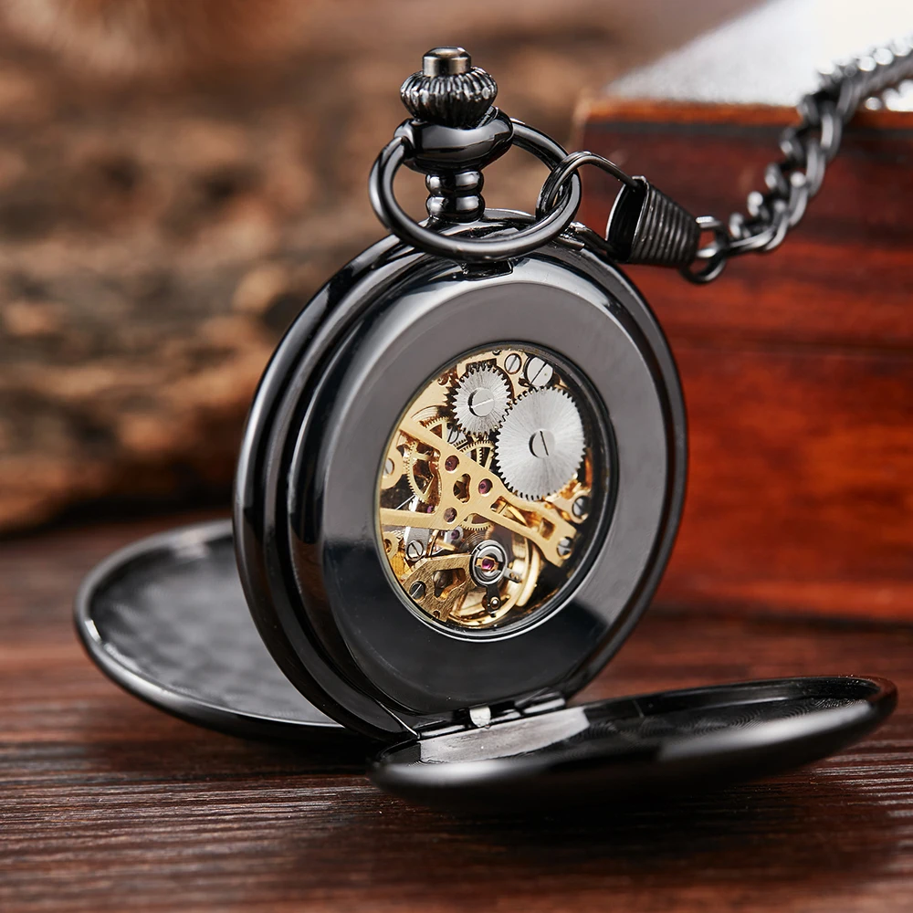 Unique Black Silver Pocket Watch Mechanical Hand winding Fob Watch ...