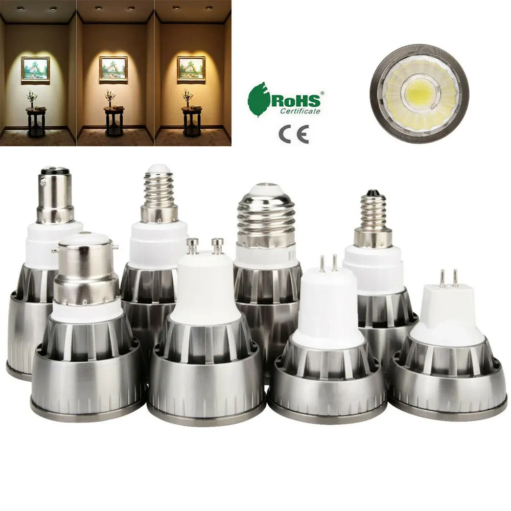 Bombilla LED GU10 COB regulable, lámpara E12, E14, E27, GU5.3, B15, MR16, DC 12V, 7W, 9W, 12W ...