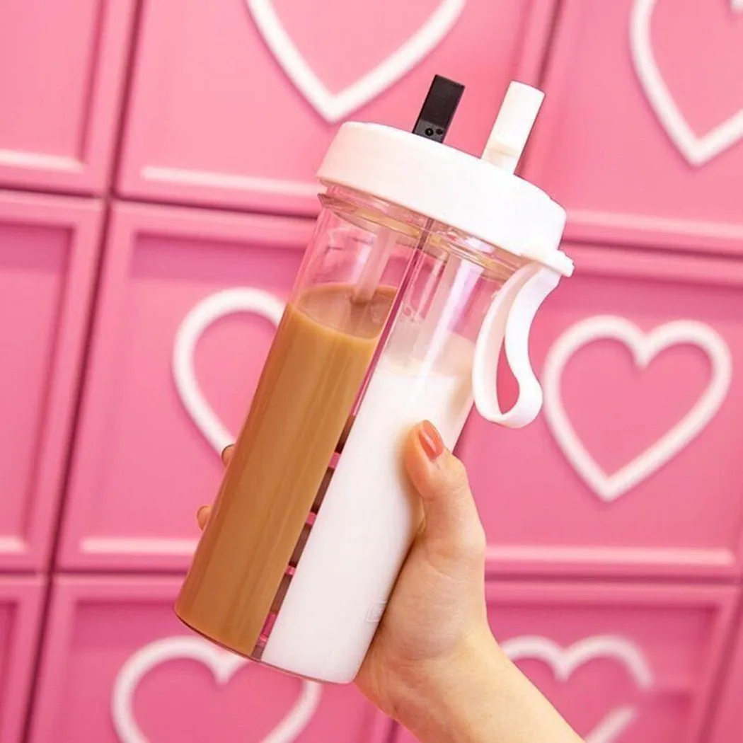 Creative Simple Double Drinking Cup Double Straw Couple Water Mug Dual ...