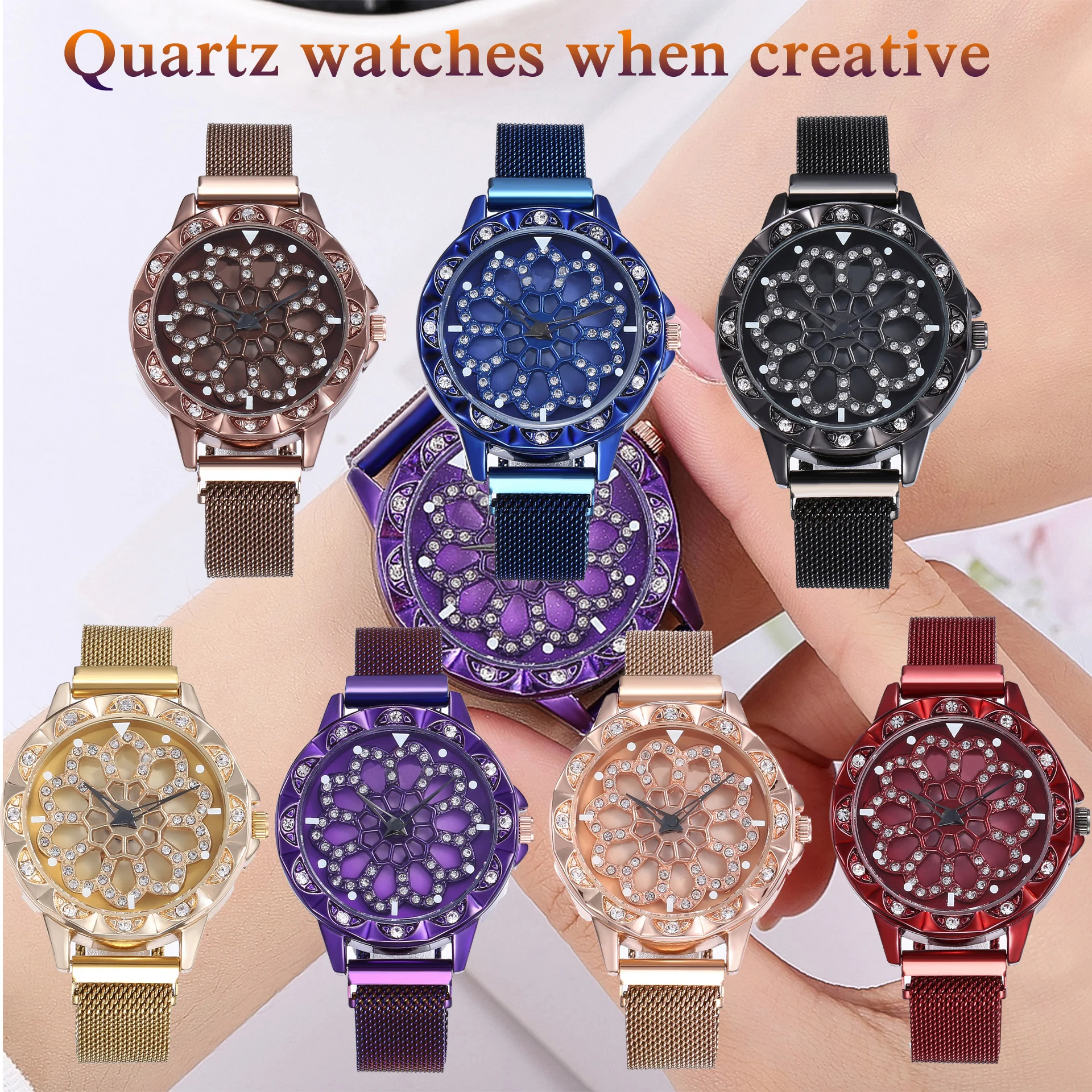 New 360 Degree Rotation Women Mesh Magnet Buckle Starry Sky Watch ...