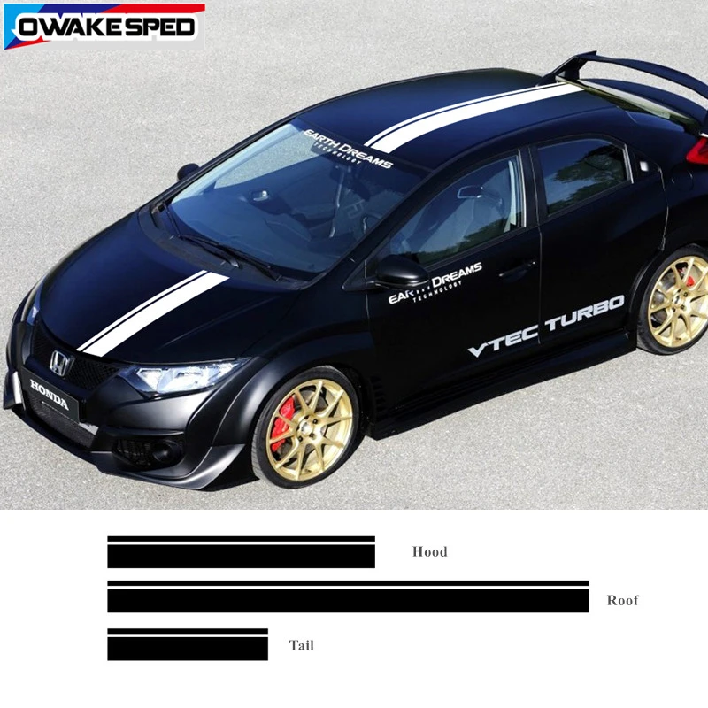 Racing Sport Stripes For Honda Civic Whole Body Stickers Car Hood Roof ...