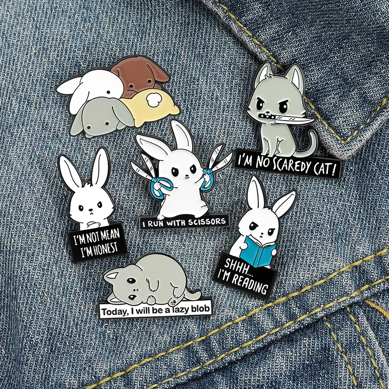 Rabbits Park Enamel Pins Custom Book Scissors Bunny Cats Brooch Lapel ...
