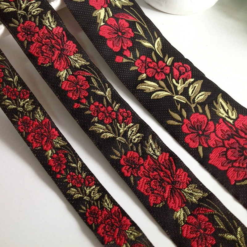 5yard/lot 2CM 3.3CM 5CM Red Rose Flower Woven Jacquard Ribbon Pattern ...