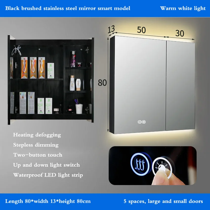 80-80-13cm-Black-Stainless-Steel-Mirror-Cabinet-Smart-Anti-fog-Bathroom ...