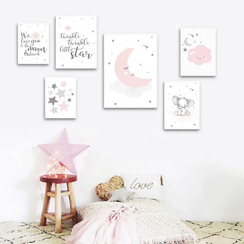 P-ster-de-elefante-de-dibujos-animados-de-Luna-rosa-para-ni-os-lienzo ...