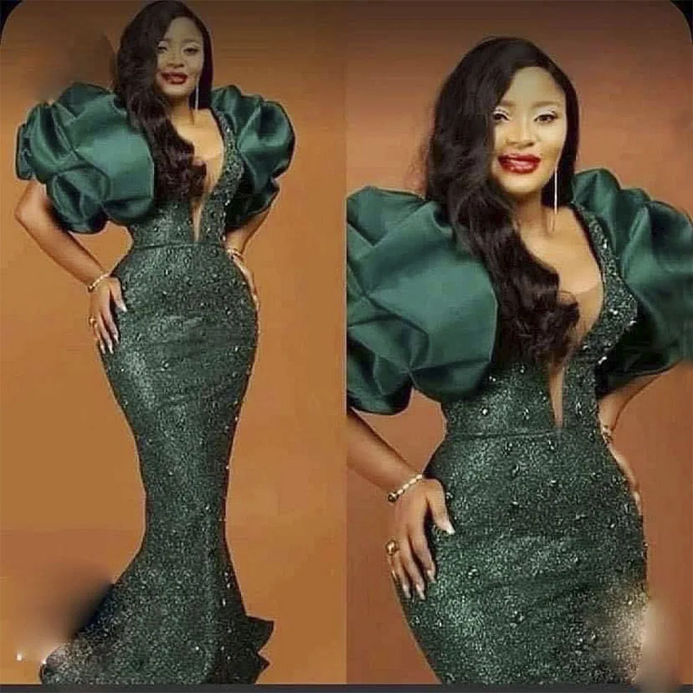 Puff-Sleeves-Bead-Sequined-Hunter-Green-Prom-Dresses-Mermaid-Evening ...