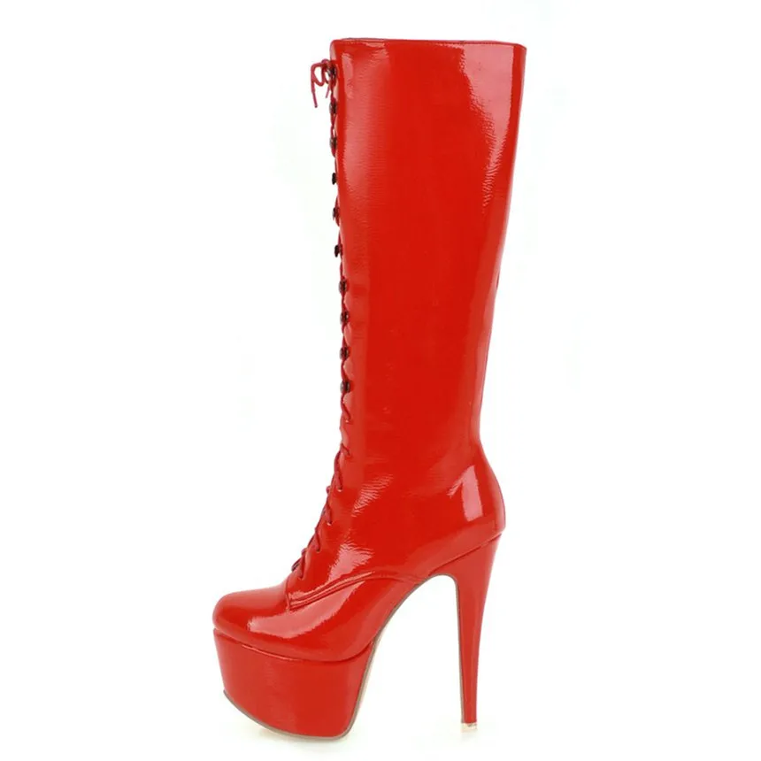 Knee High Boots Women Platform Sexy High Heels Winter Boots Lace-up Red ...