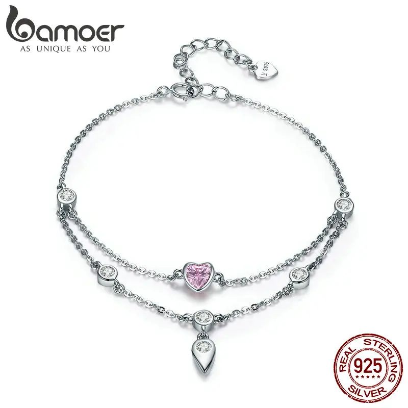 BAMOER-Romantic-New-925-Sterling-Silver-Sweet-Heart-Pink-CZ-Double ...
