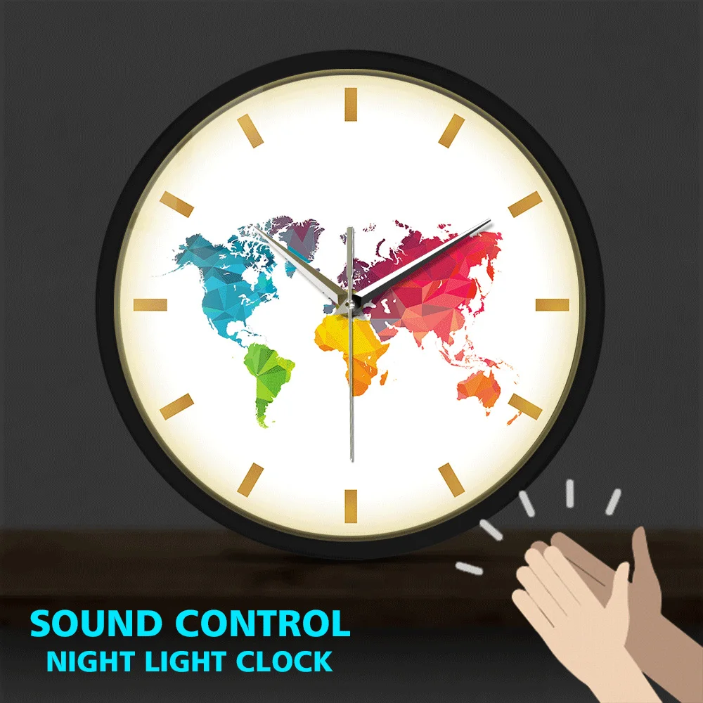 Colorful World Map Wall Hanging LED Wall Clock Metal Frame Home Decor ...