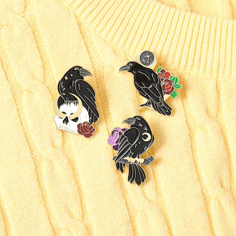 Dark-Gothic-Enamel-Pins-Custom-Starry-Raven-Skull-Skeleton-Punk ...