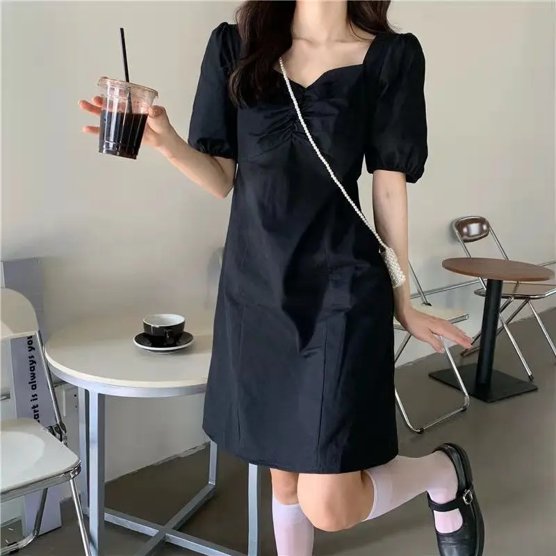 브이넥 한국 빈티지 여성 드레스 얇은 퍼프 슬리브 랩 가벼운 드레스 파티 바디콘 스위트 튜닉 단색 여름 패션드레스