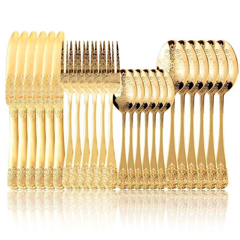 4-8-16-24Pcs-Golden-European-Cutlery-Set-Luxury-Retro-Western-Flatware ...