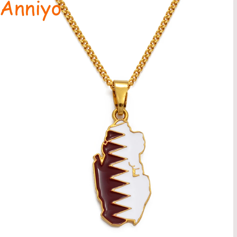 Anniyo Qatar Map And Flag Pendant Necklaces For Women Men Gold Color ...
