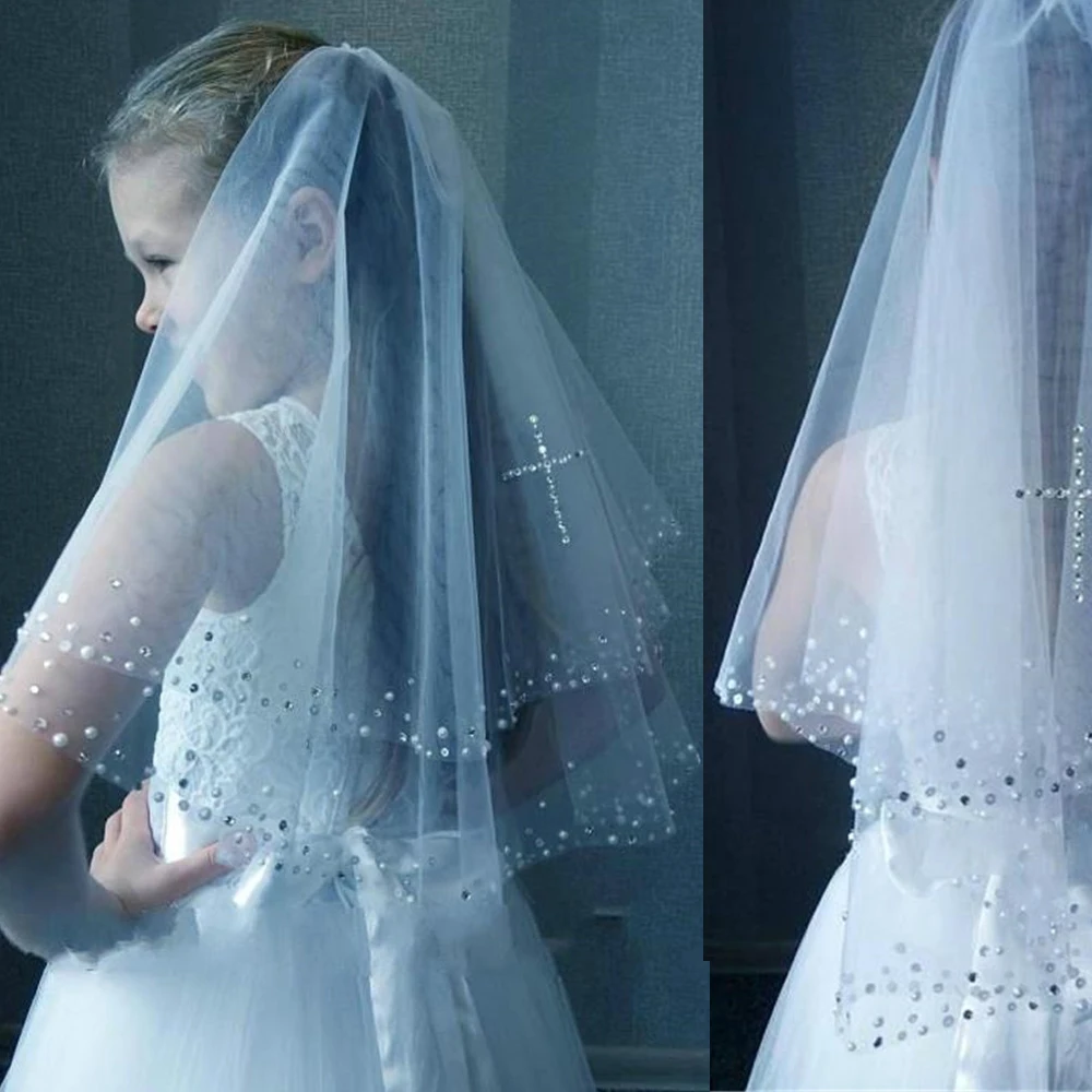 Christ Jesus Short Pearls Wedding Veil Tulle 2T White Bridal Veil ...