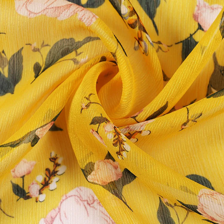 Soft Yellow Floral Printed Bright Silk Chiffon Tulle Fabric For Dress ...