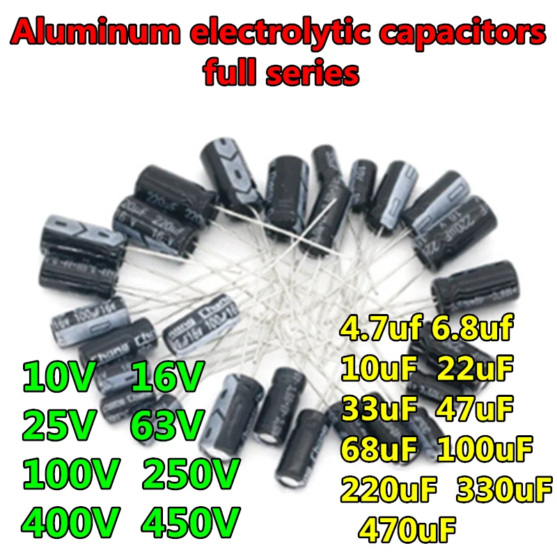 20 pces 10v 16v 25v 63v 100v 250v 400v capacitor eletrolítico 450 uf 4.7uf 10uf 22uf 33uf 47uf ...