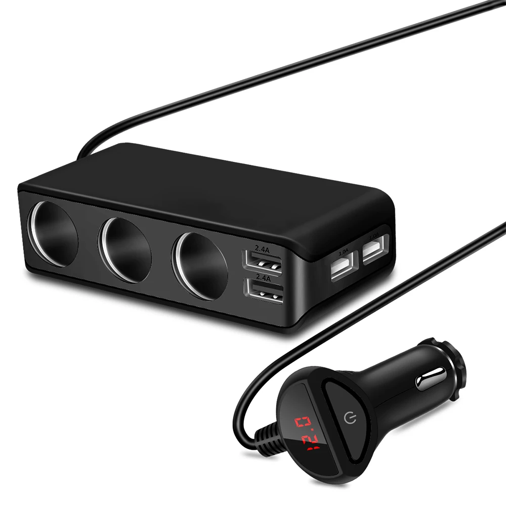 Encendedor de cigarrillos de coche de 3 vías, 4 puertos USB, divisor de enchufe de 120W ...