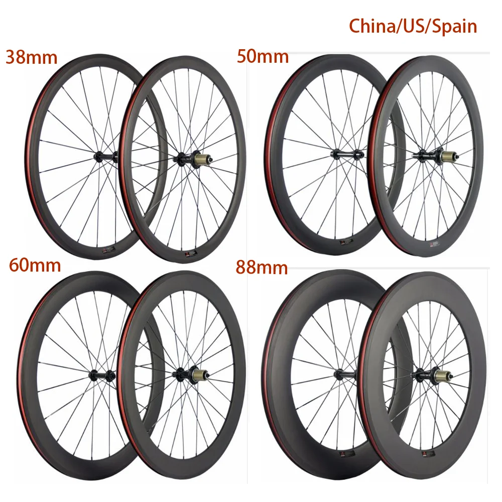 Full 700c Carbon Road Clincher Bike Wheelset 38/50/60/88mm Bicycle ...