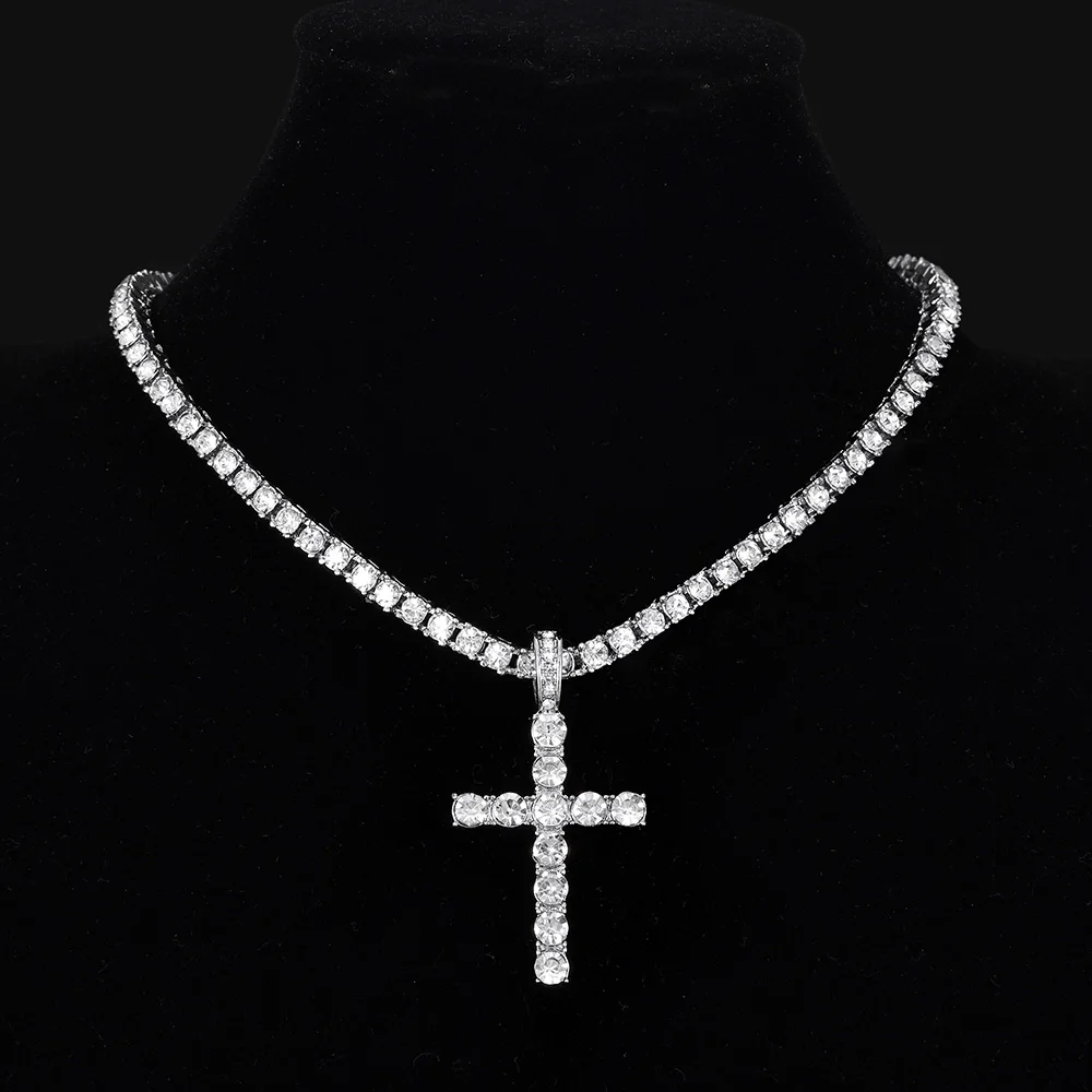 Men Women Hip Hop Cross Pendant Necklace With 4mm Zircon Tennis Chain ...